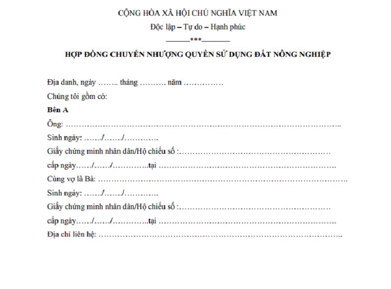 Mẫu Hợp đồng Chuyển Nhượng đất Nông Nghiệp Mới Nhất Và Các Quy định
